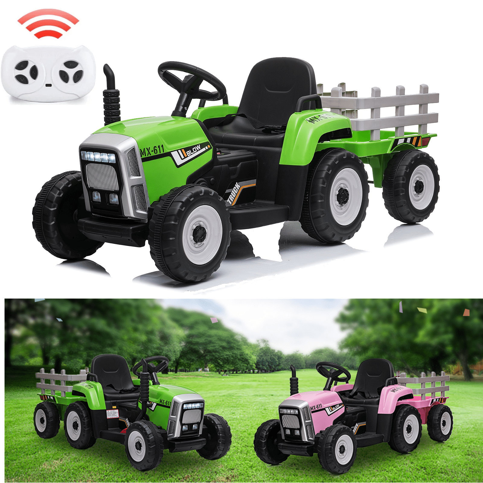 Lohoms 12V Kids Ride On Tractor, Electric 6-Wheeler with Trailer ...