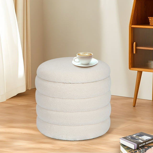Lohoms Round Storage Ottoman, 18.5 in Teddy Upholstered Circle Stool ...