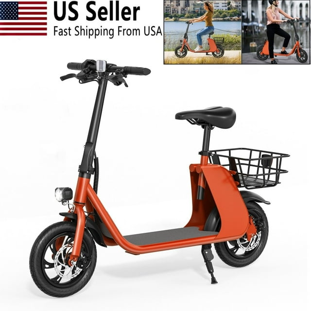Lohoms 450W Foldable Electric Scooter Bike, Adult E-Moped with Seat, Basket, 12in Off-Road Tires ...