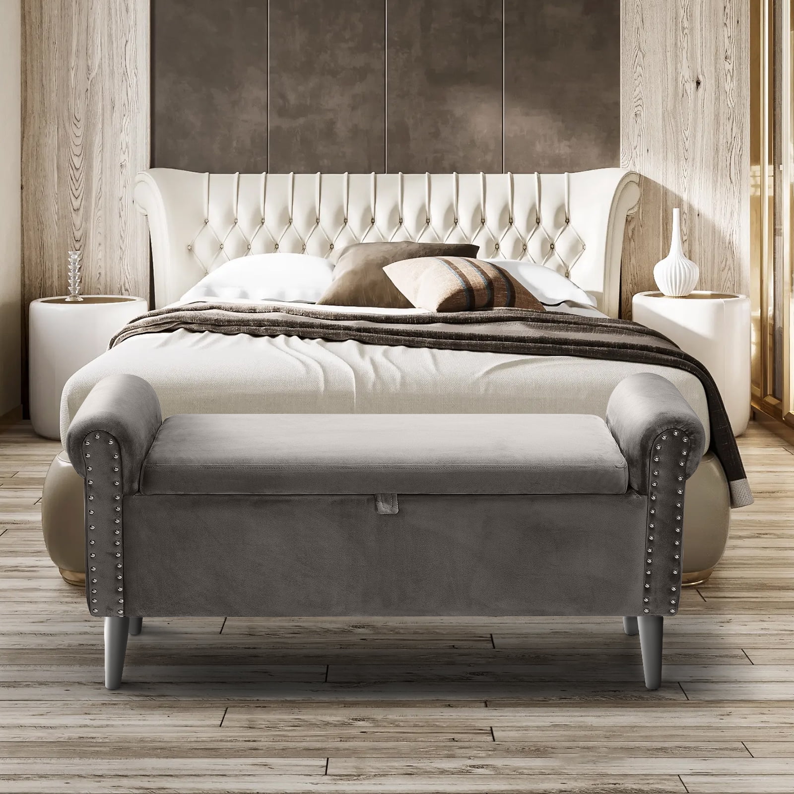 Lohoms Gray Velvet Upholstered Storage Ottoman Bench, 47.2 in Long, End ...