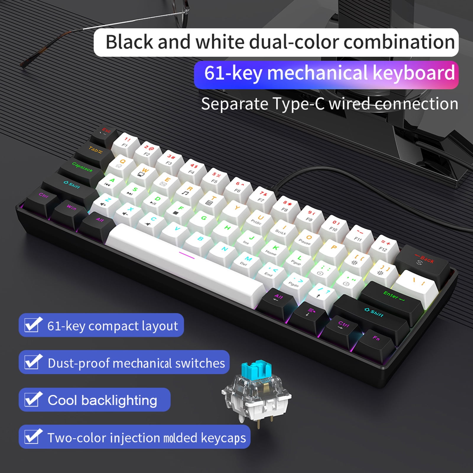 Lohuatrd Wired Mechanical Gaming Keyboard with RGB Light Ergonomic ...