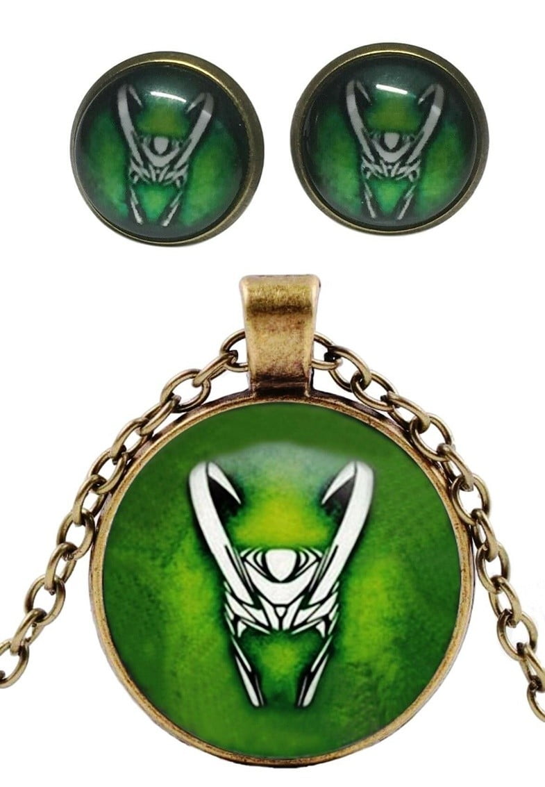 Loki Helmet Glass Domed Pendant Necklace And Stud Earrings Set ...