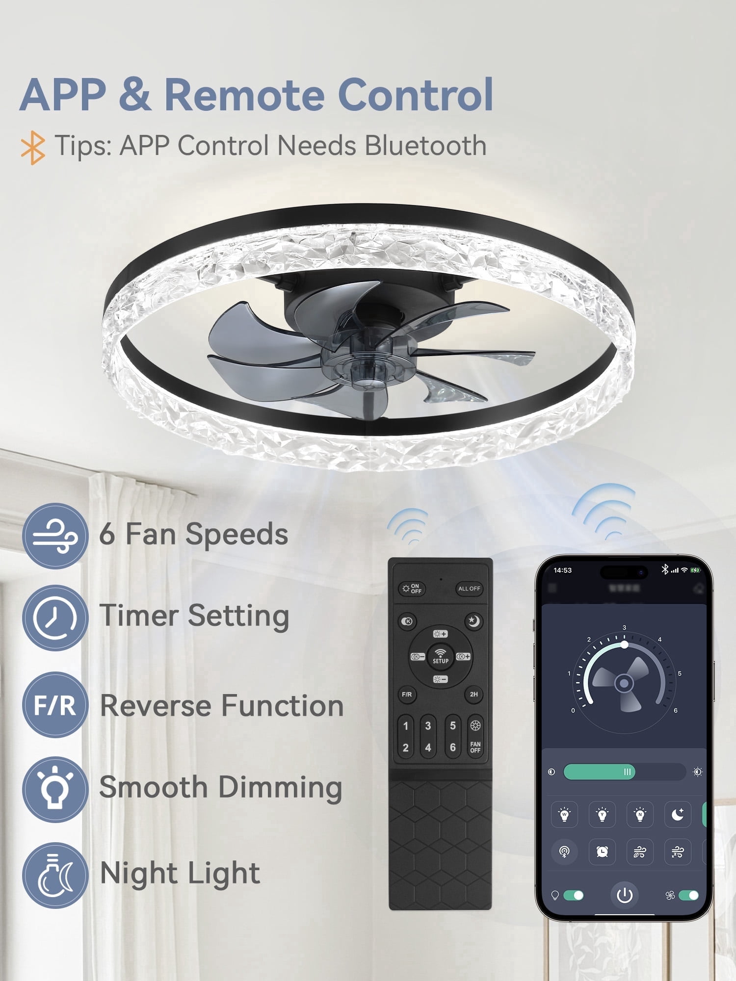 Lokivas 24in Black Modern Flush Mount Low Profile Ceiling Fan with ...