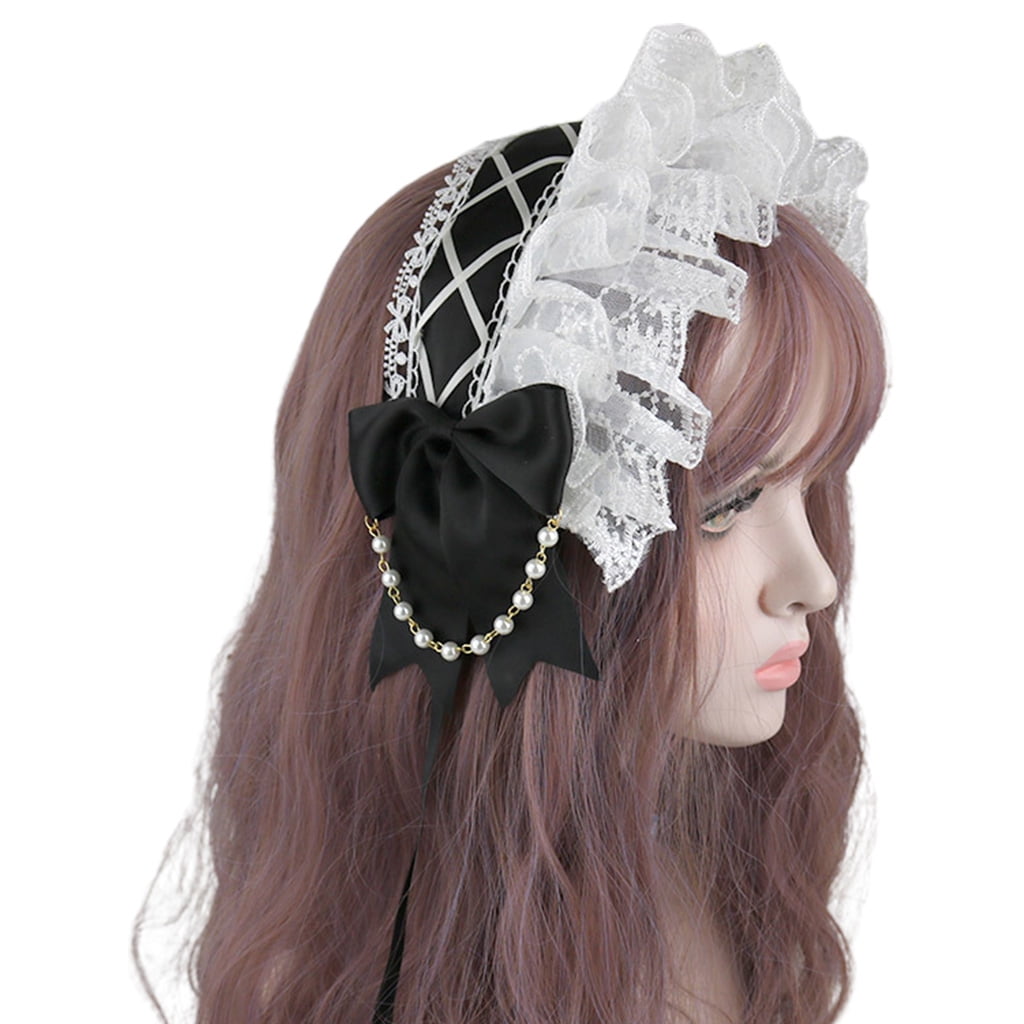 Lolita Ruffled Lace Headband Crisscross Ribbon Bow Pearls Chain Maid ...