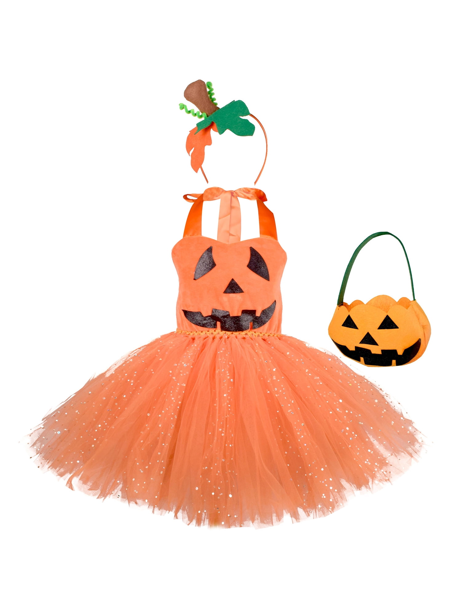 Loliuicca Girls Pumpkin Costume Set Halter Neck Tulle Dress Pumpkin Bag ...