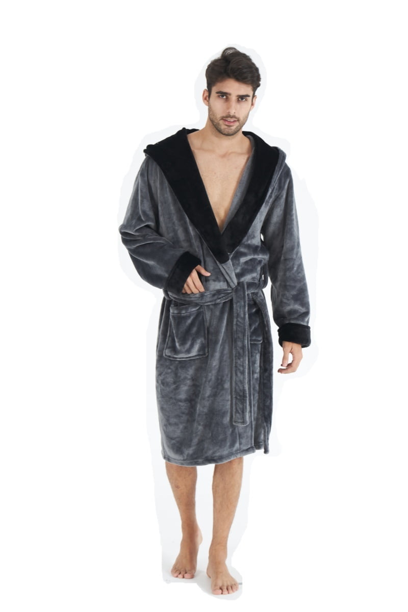 Lollipie Mens Plush Fleece Hooded Robe, Long Warm Shawl Collar Bathrobe ...