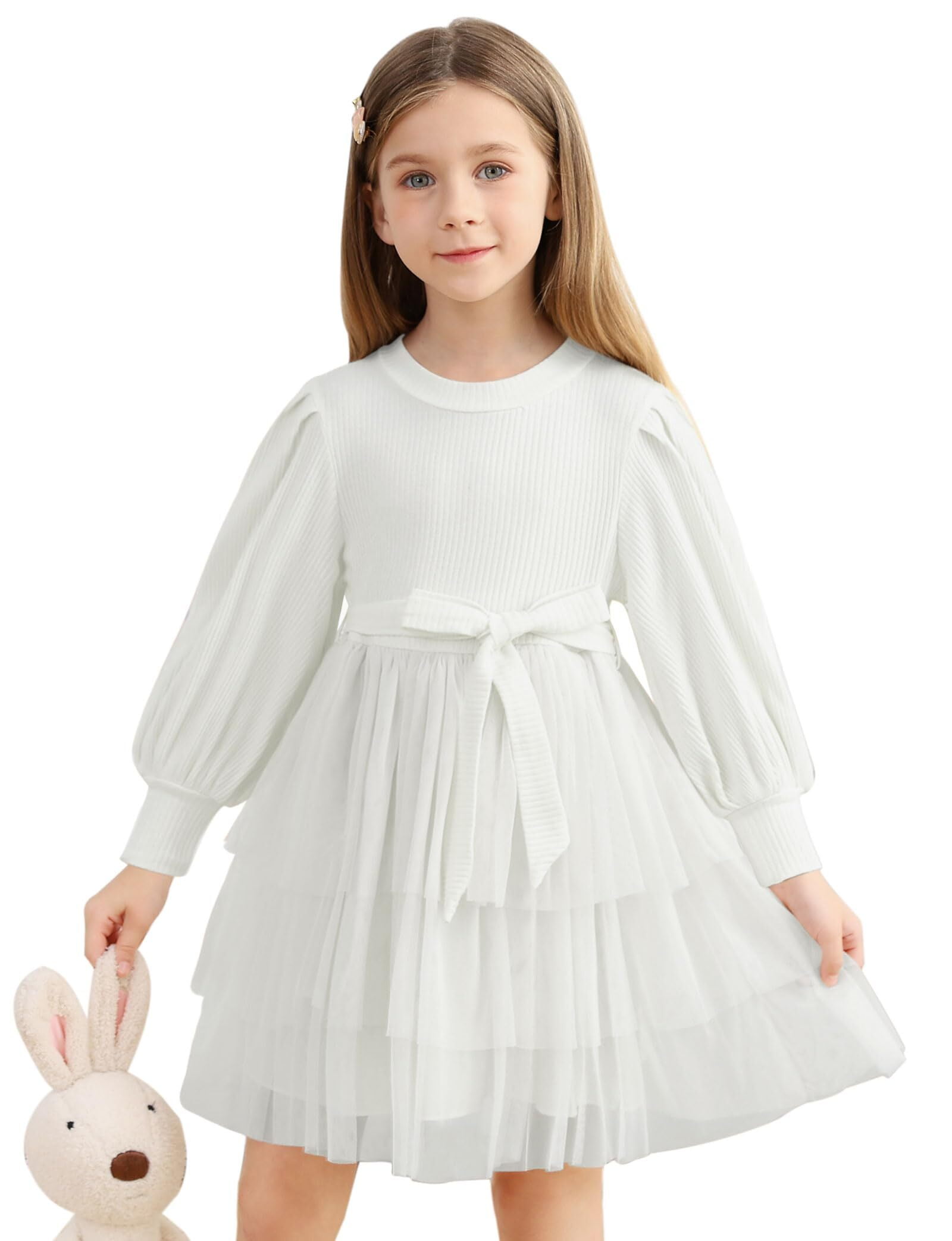 Lollipie Toddler Girl Tulle White Dress Puff Long Sleeves Tutu Dresses ...