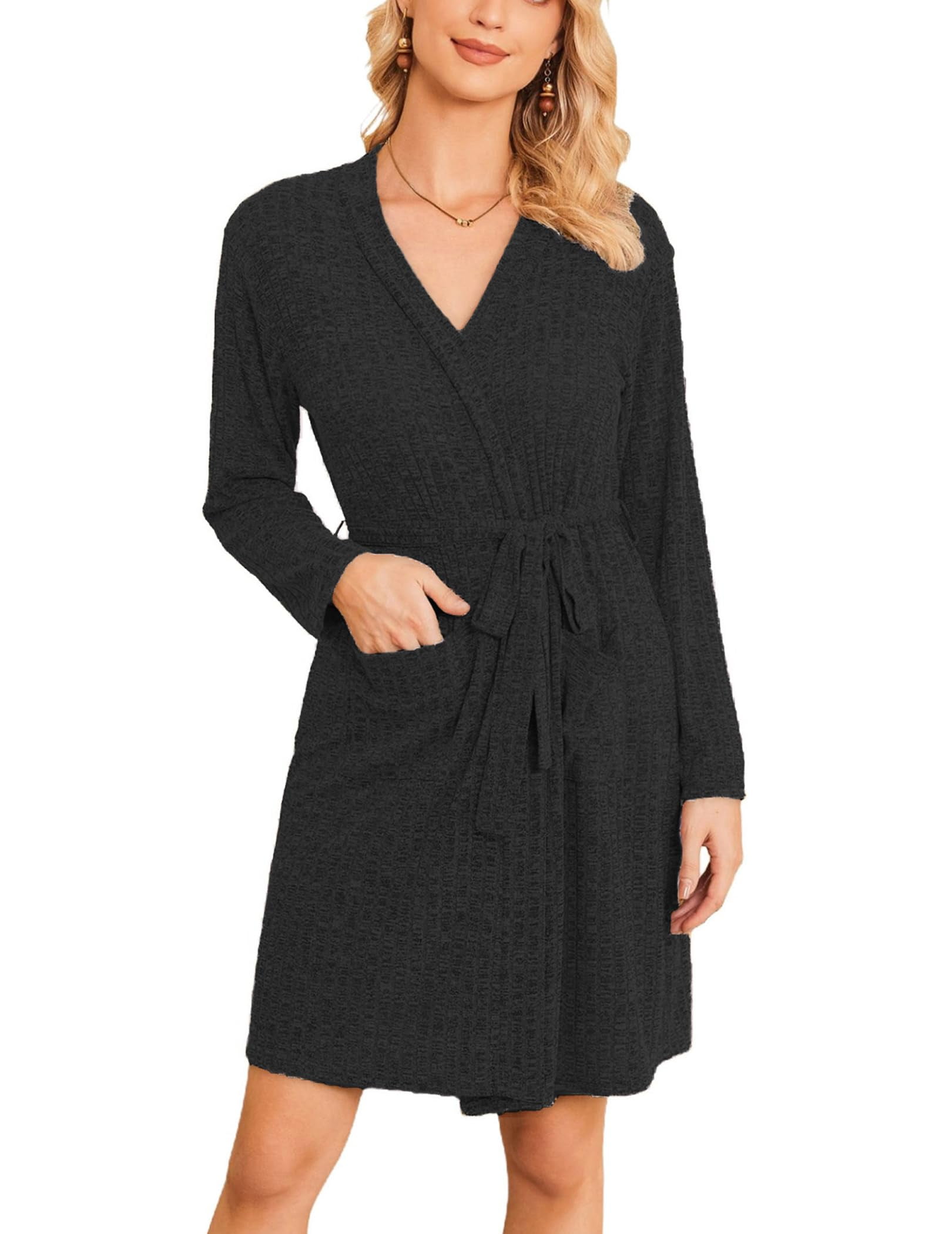 Lollipie Women Robe Ribbed Knit Soft Bathrobe Knee Length Robes ...