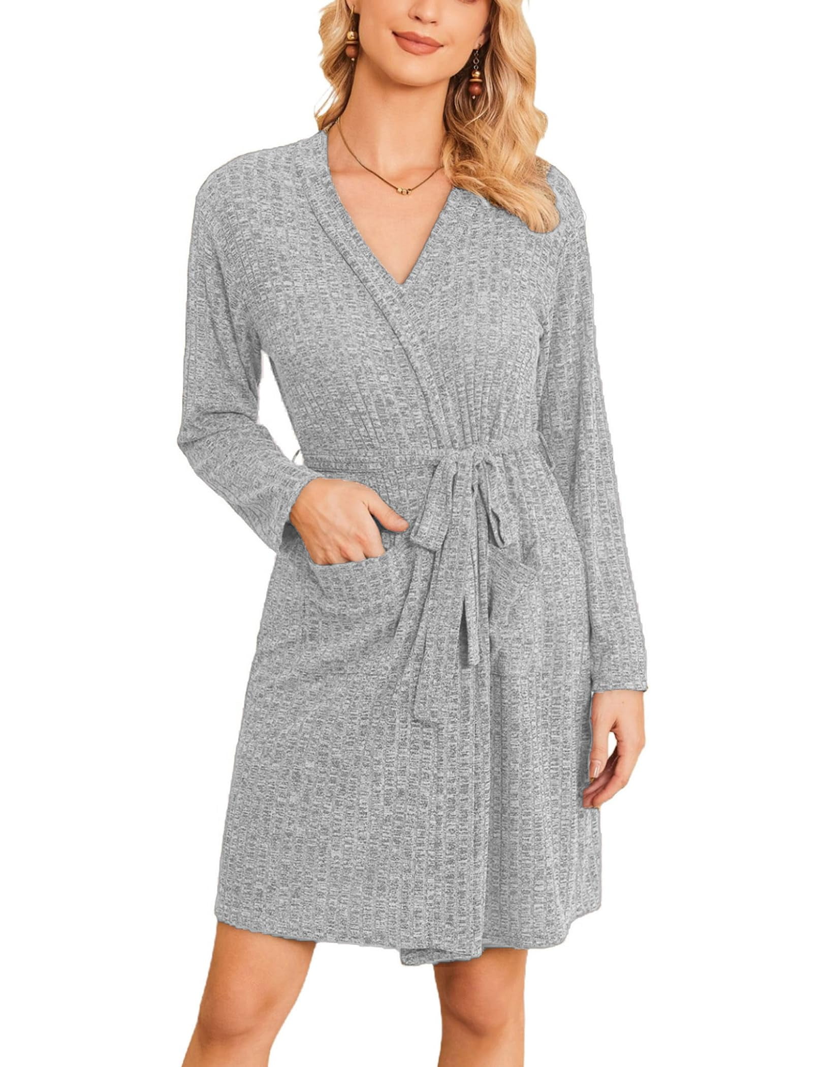 Lollipie Women Robe Ribbed Knit Soft Bathrobe Knee Length Robes ...