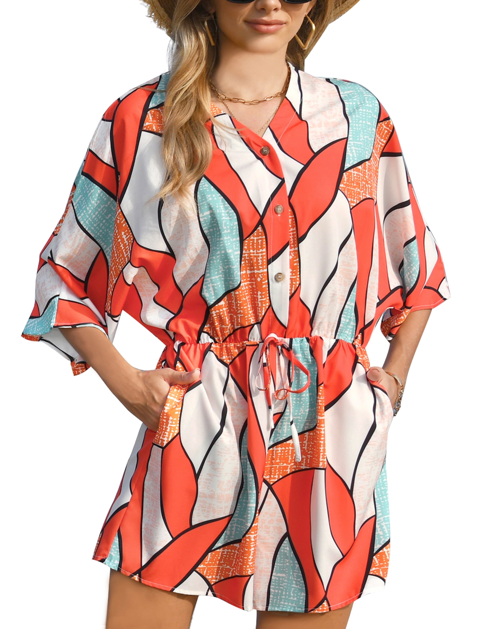 Lollipie Womens Romper V Neck Batwing Sleeve Casual Allover Print ...