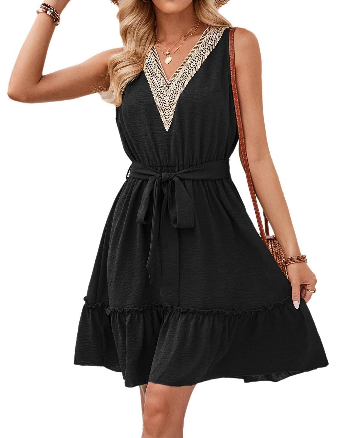 Lollipie Women's Summer Dresses Casual V-Neck Sleeveless Belted Beach ...