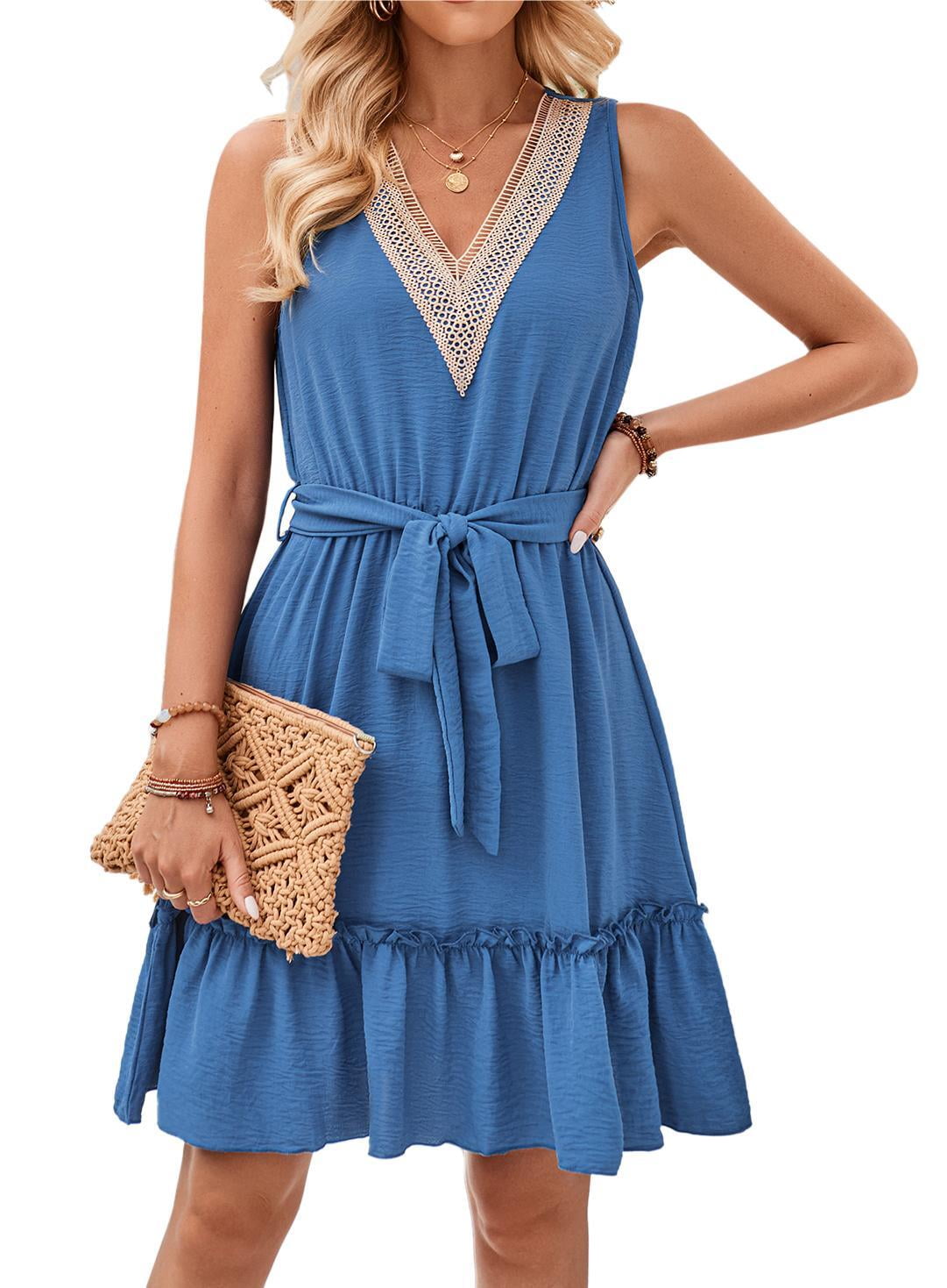 Lollipie Women's Summer Dresses Casual V-Neck Sleeveless Belted Beach ...