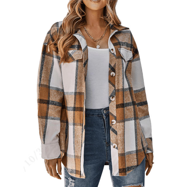 Lollipie Womens Plaid Shacket Button Down Long Sleeve Flannel Shirt ...