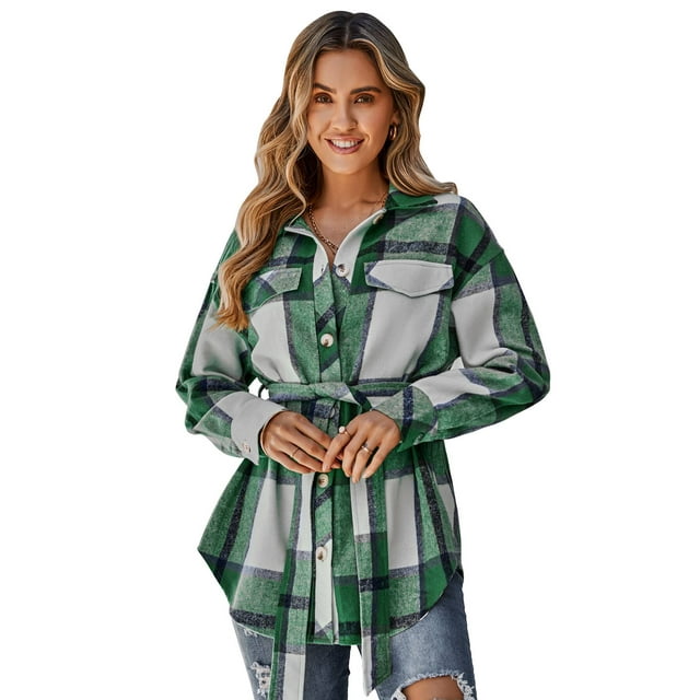 Lollipie Womens Plaid Shacket Button Down Long Sleeve Flannel Shirt ...