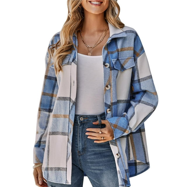 Lollipie Womens Plaid Shacket Button Down Long Sleeve Flannel Shirt ...