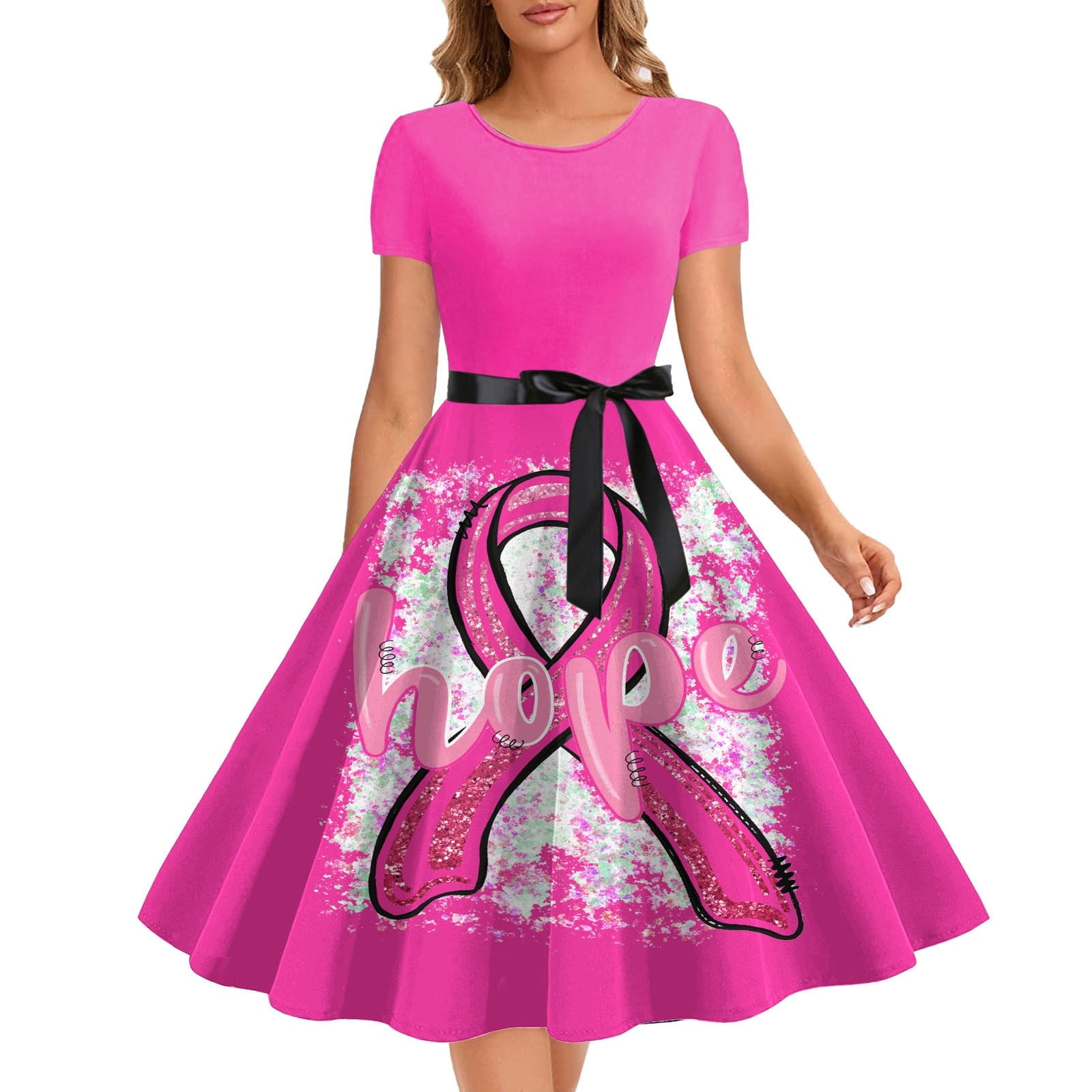 Luxalzxs Breast Cancer Awareness Rockabilly Dress, Pink Ribbon Print ...