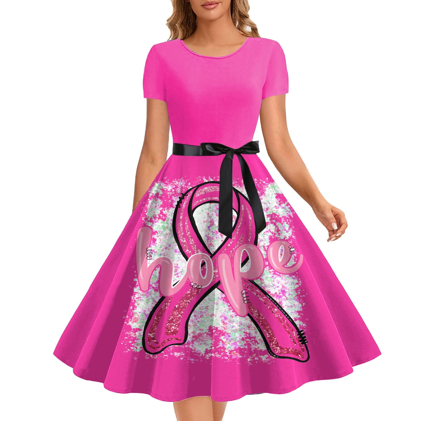 Lolmot Breast Cancer Rockabilly Dress for Women Pink Ribbon Print Short ...