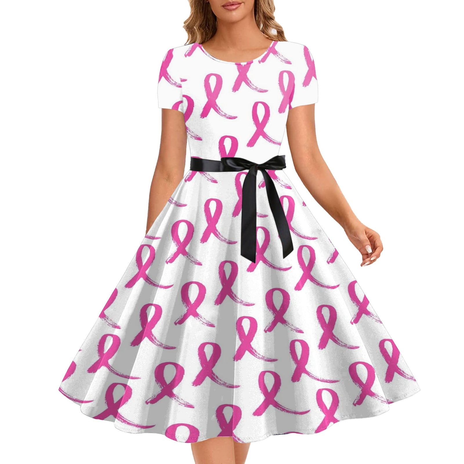Lolmot Breast Cancer Rockabilly Dress for Women Pink Ribbon Print Short ...