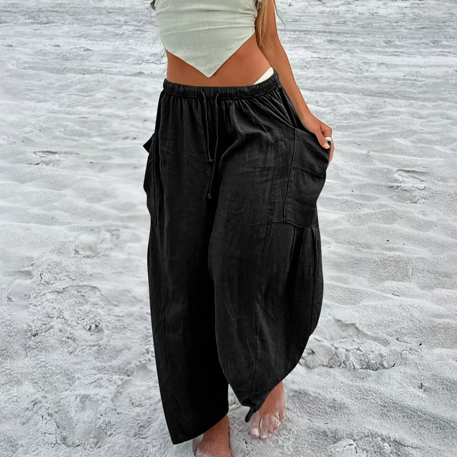 Lolmot Capri Pants for Women Plus Size Elastic Waist Drawstring Wide ...