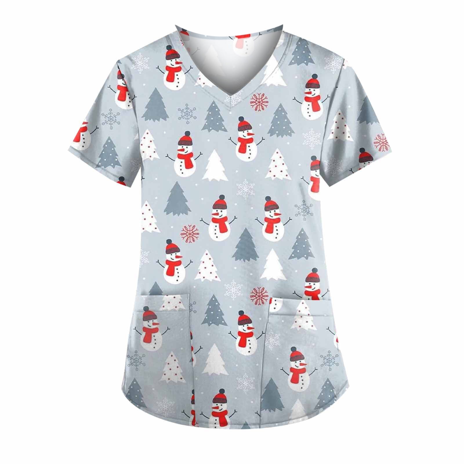 Lolmot Christmas Scrubs for Women Xmas Cute Print Stretchy V-Neck Short ...