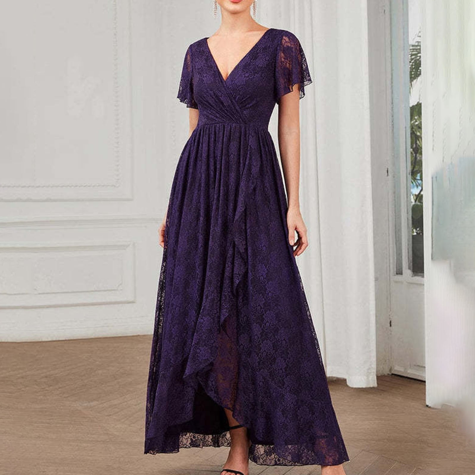 Lolmot Cocktail Dress for Women Lace V Neck Flutter Sleeves Bridesmaid ...