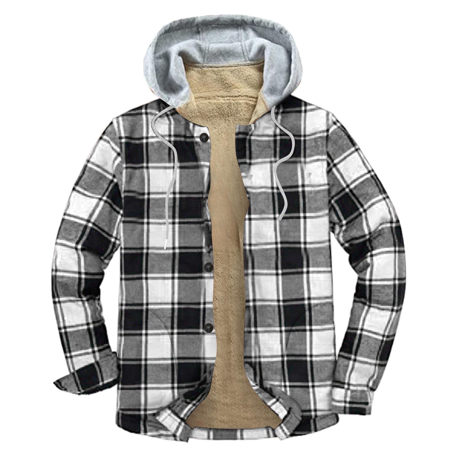Lolmot Fleece Jacket Men Casual Plush Plaid Shacket Jacket Heavy Lined ...