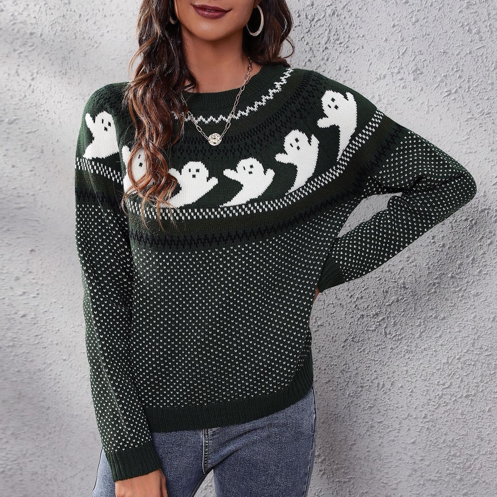 Lolmot Halloween Knitted Sweater for Women Ghost Pattern Long Sleeve ...