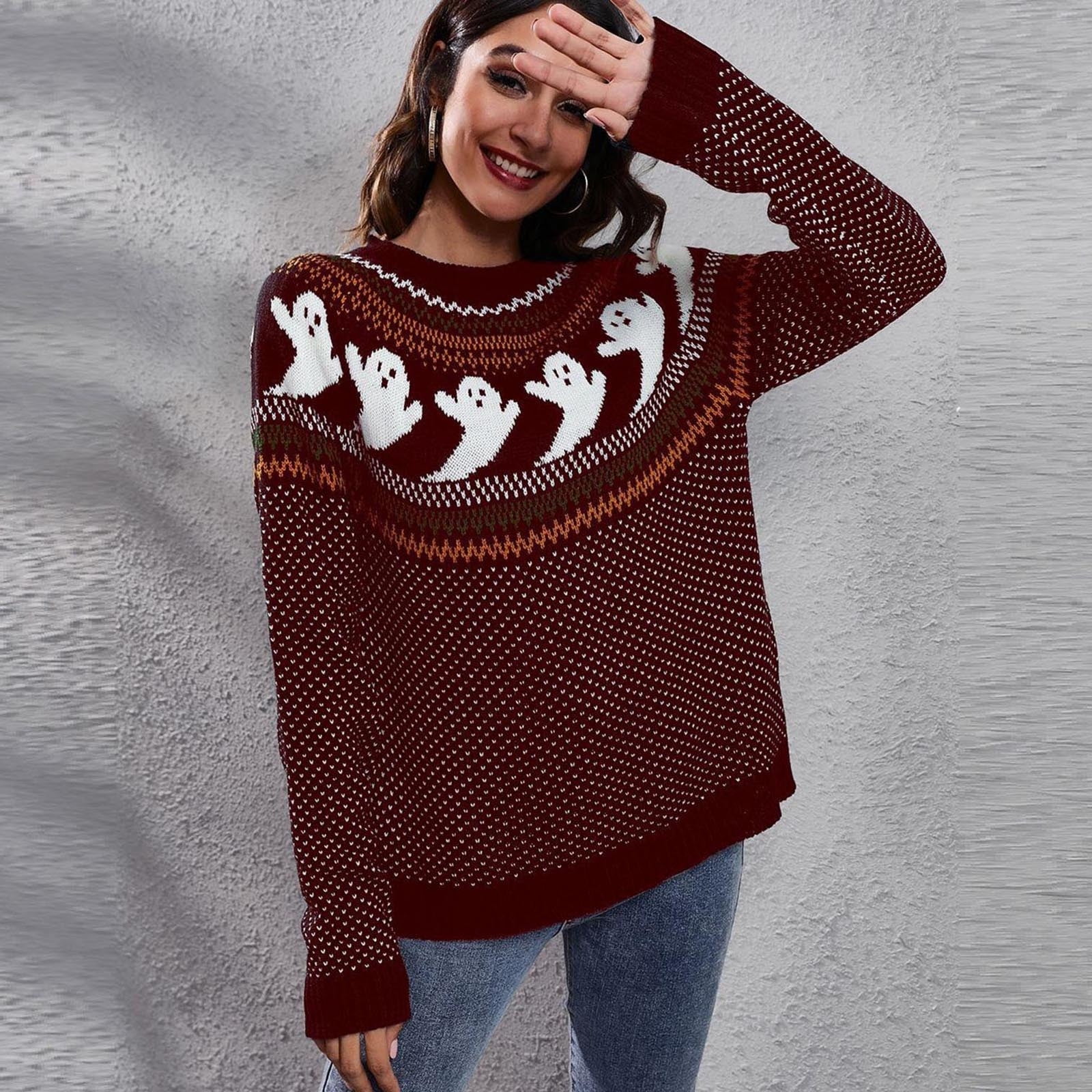 Lolmot Halloween Knitted Sweater for Women Ghost Pattern Long Sleeve ...
