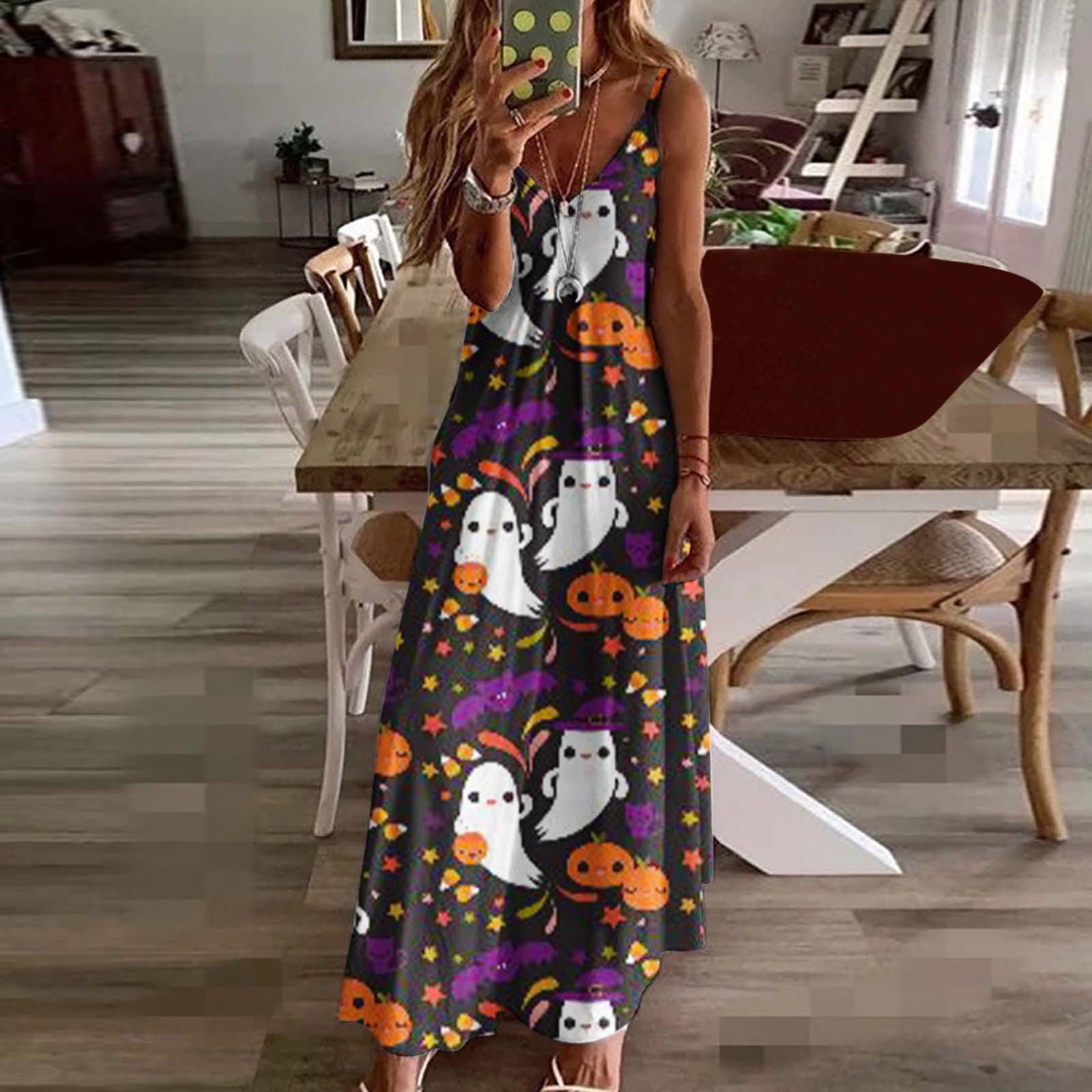Lolmot Halloween Maxi Dress For Women Sling Mid Waist V Neck Sleeveless