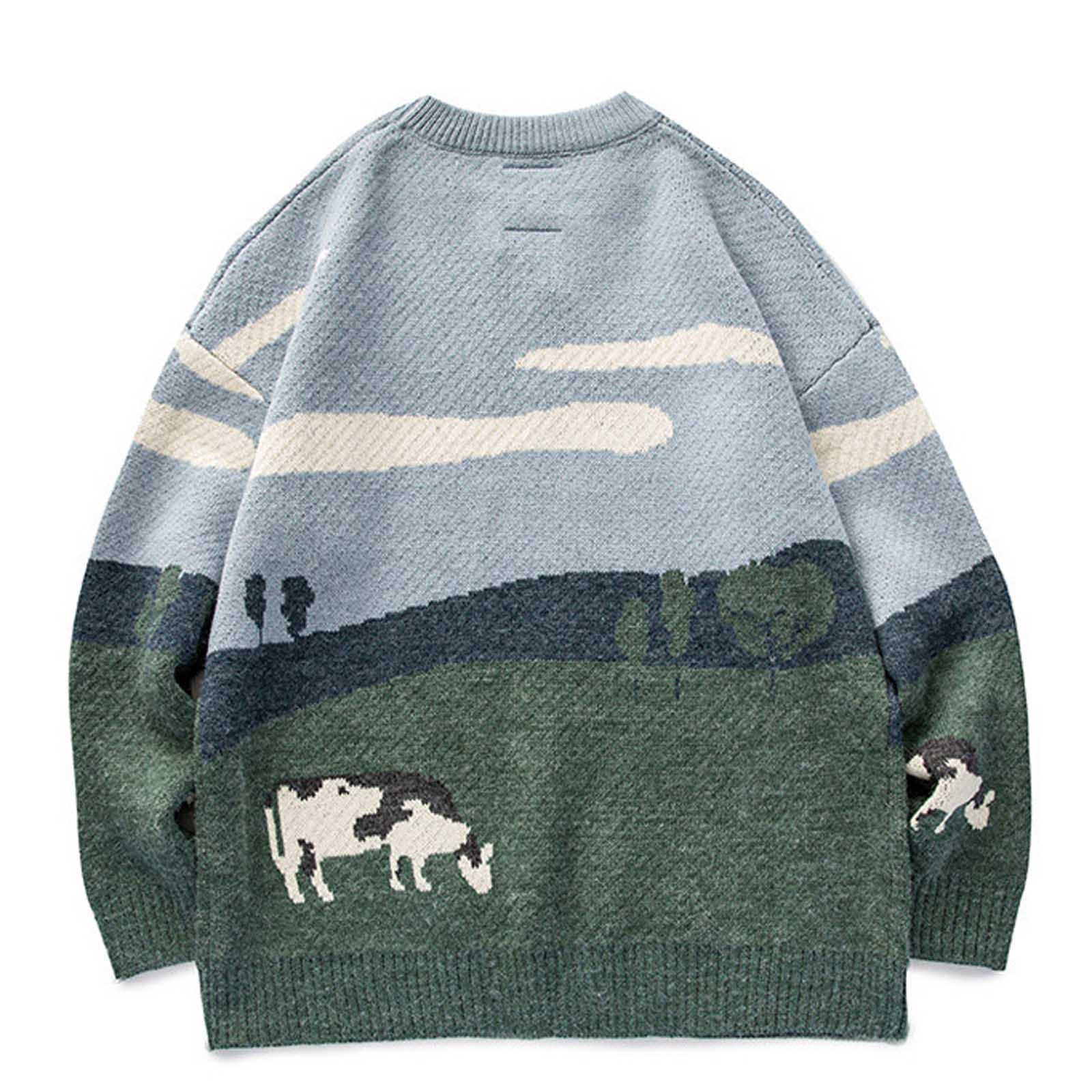 Lolmot Mens Cow Grassland Sweater Vintage Oversize Knitted Sweater Long ...