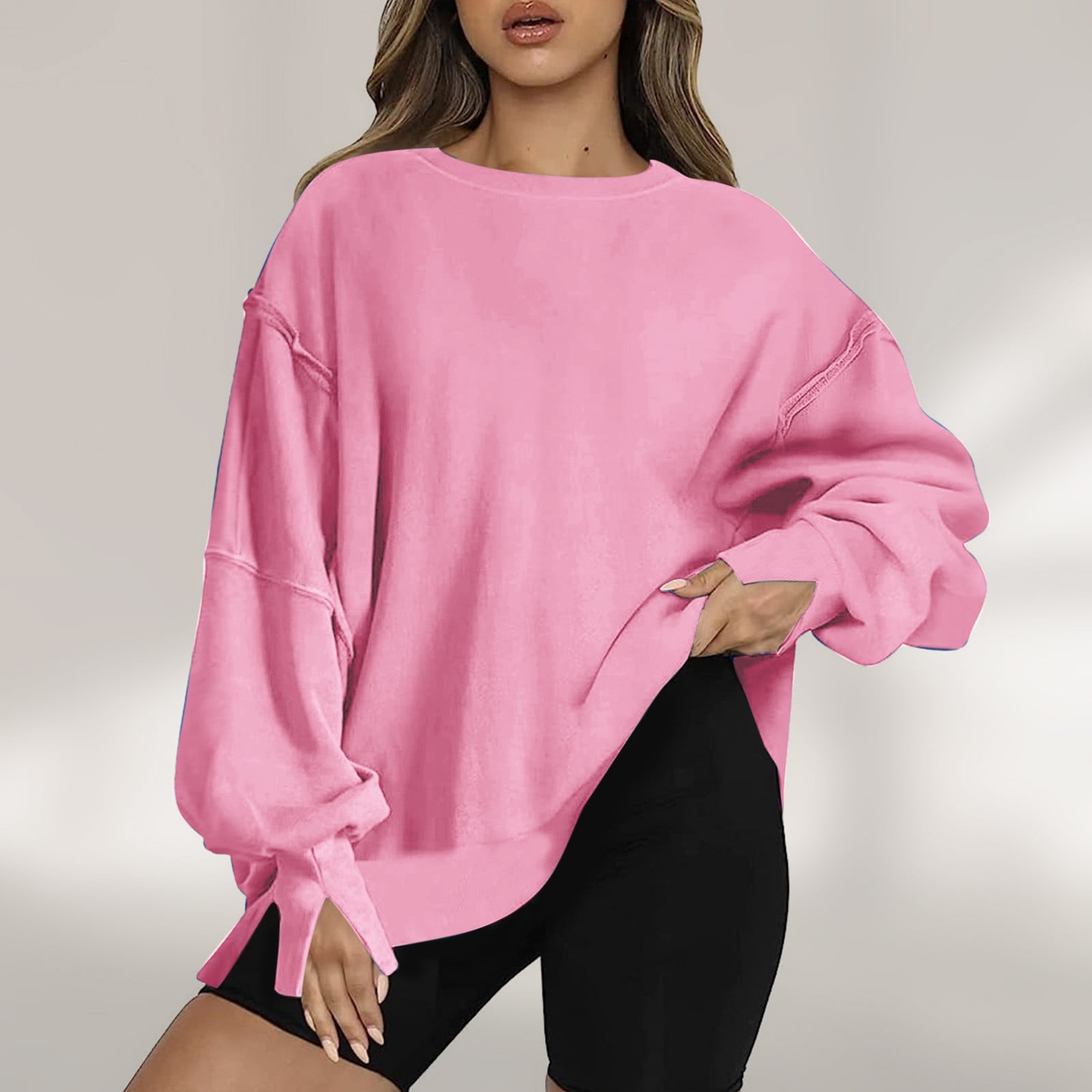 Lolmot Oversized Sweatshirt for Women Solid Color Crewneck Sweatshirts Long Sleeve Side Slits ...