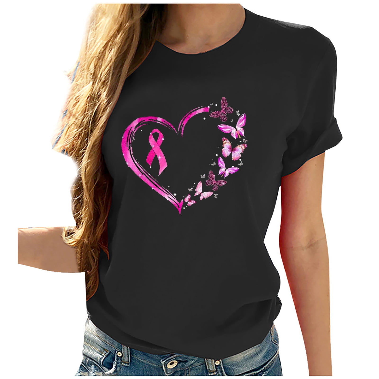Lolmot Pink Ribbon Shirts for Women Breast Cancer Awareness T-Shirt ...