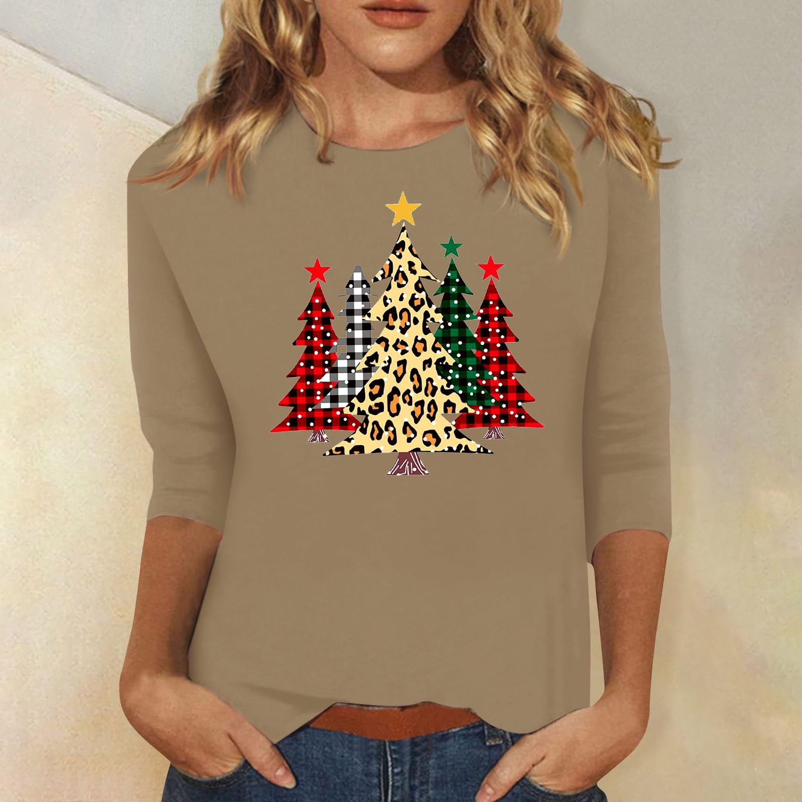 Lolmot Plus Size Merry Christmas T-Shirt for Women Leopard Plaid Xmas ...