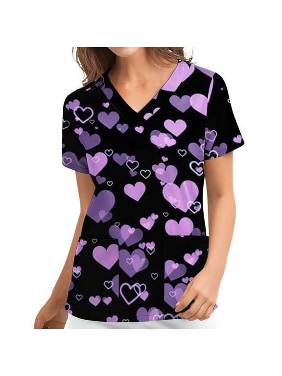 Axiiglly Scrubs For Women Valentines Day V Neck Scrub Tops Casual Short Sleeve Nursing Tops