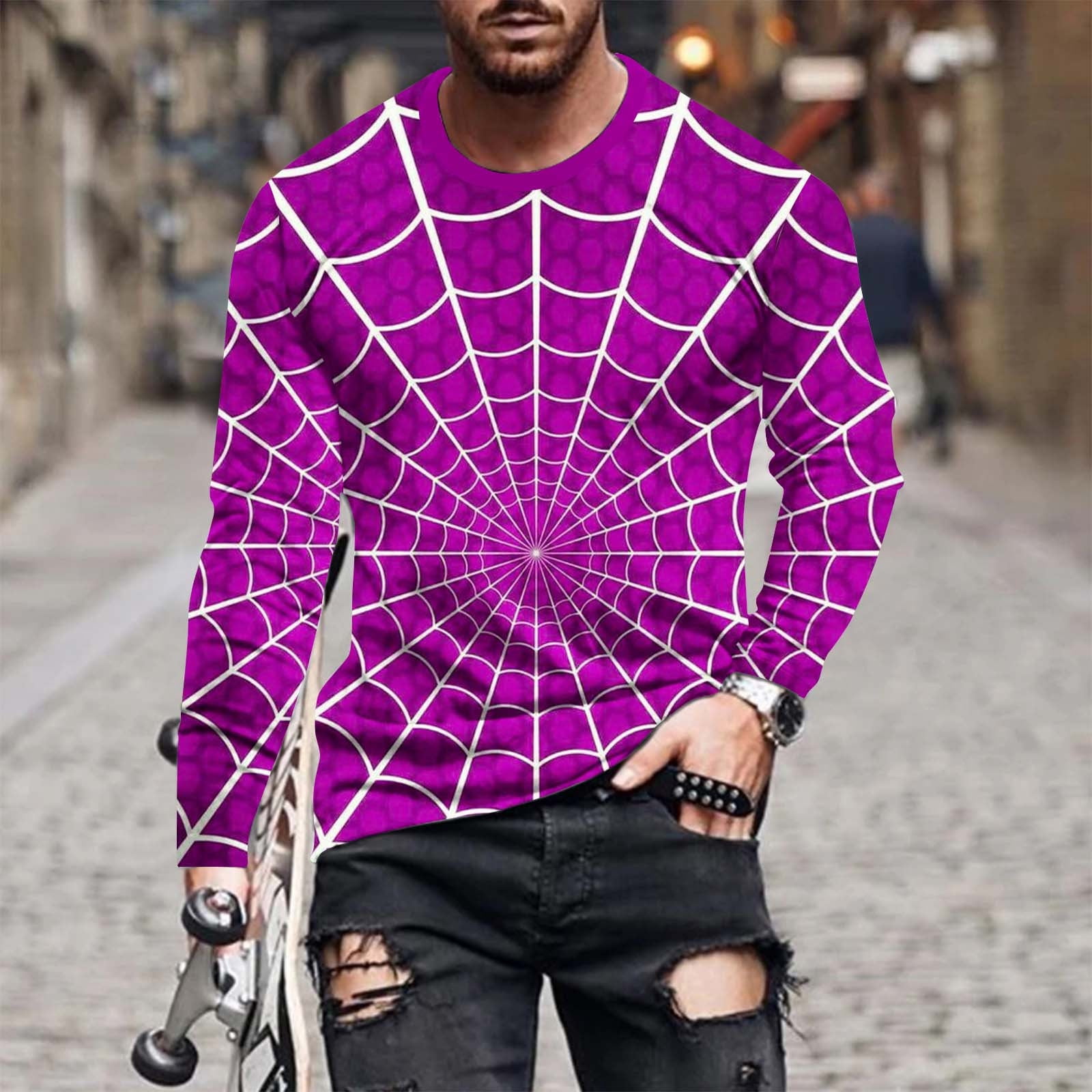 Lolmot Shirt for Men Casual Halloween Spider Web Printed Round Neck ...