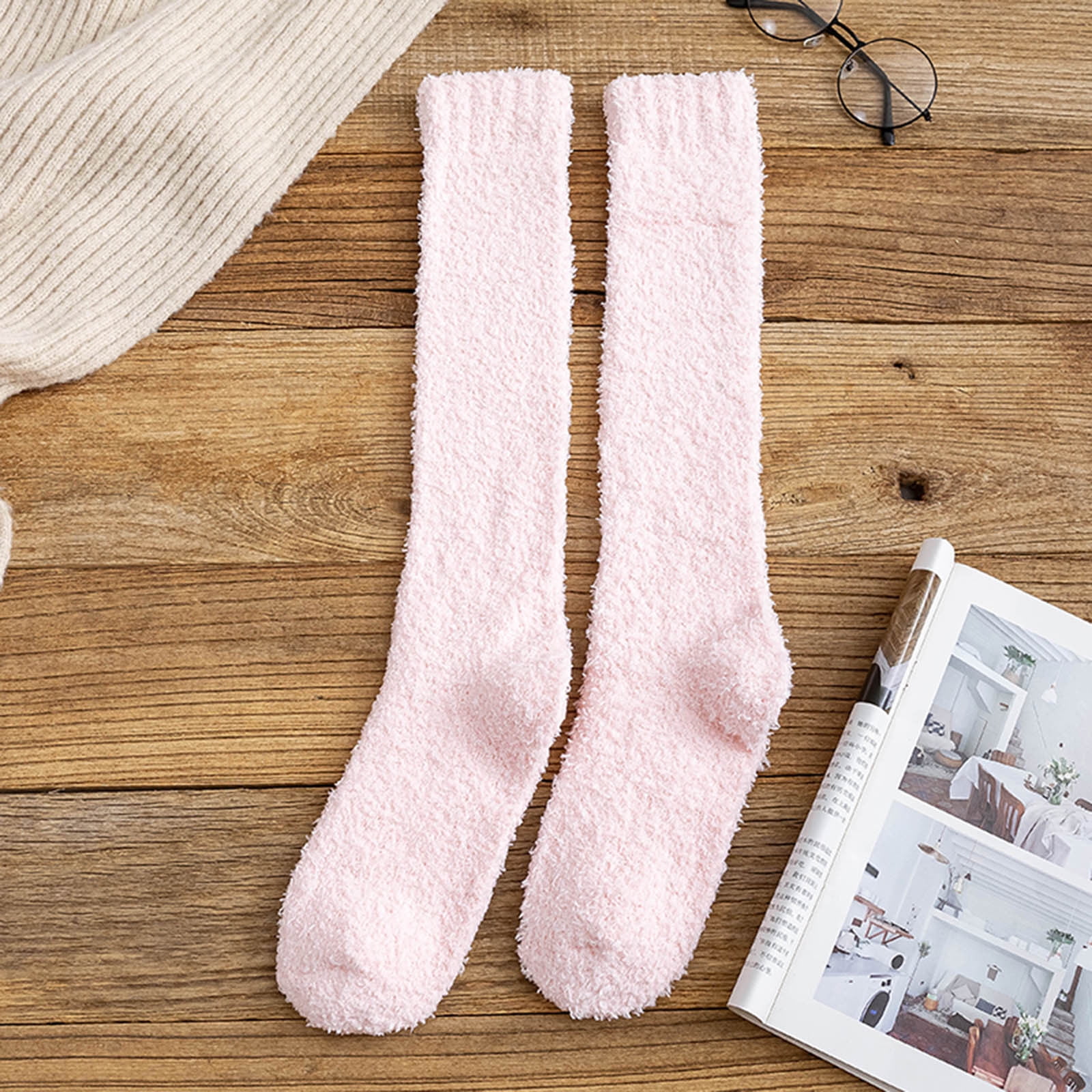 Lolmot Winter Coral Fleece Socks Middle Tube Sleeping Home Socks Solid ...