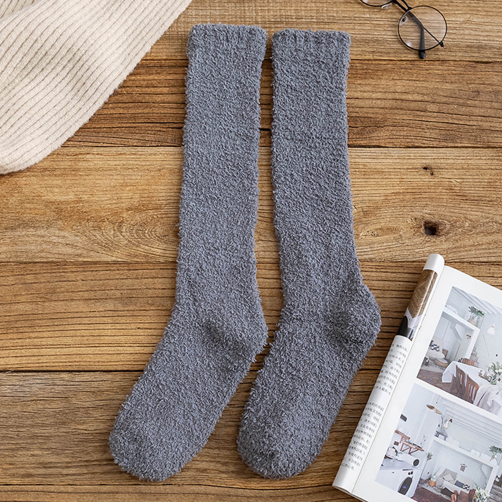 Lolmot Winter Coral Fleece Socks Middle Tube Sleeping Home Socks Solid ...