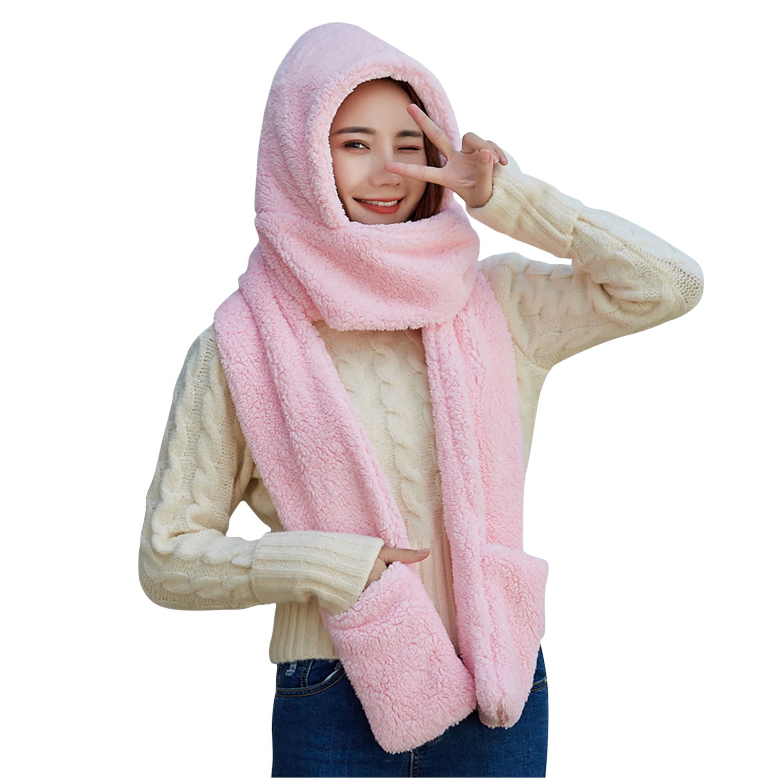 Lolmot Winter Faux Fur Hooded Scarf with Gloves 3 in 1 Fleece Lined ...