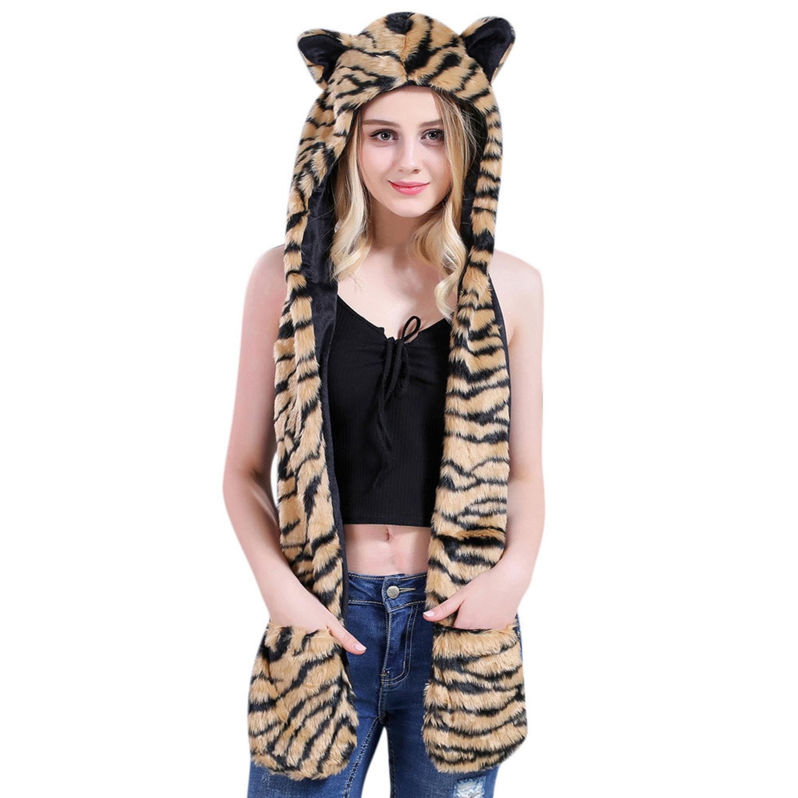 Lolmot Women 3-in-1 Faux Fur Animal Hood Scarf with Glove Pocket Winter ...