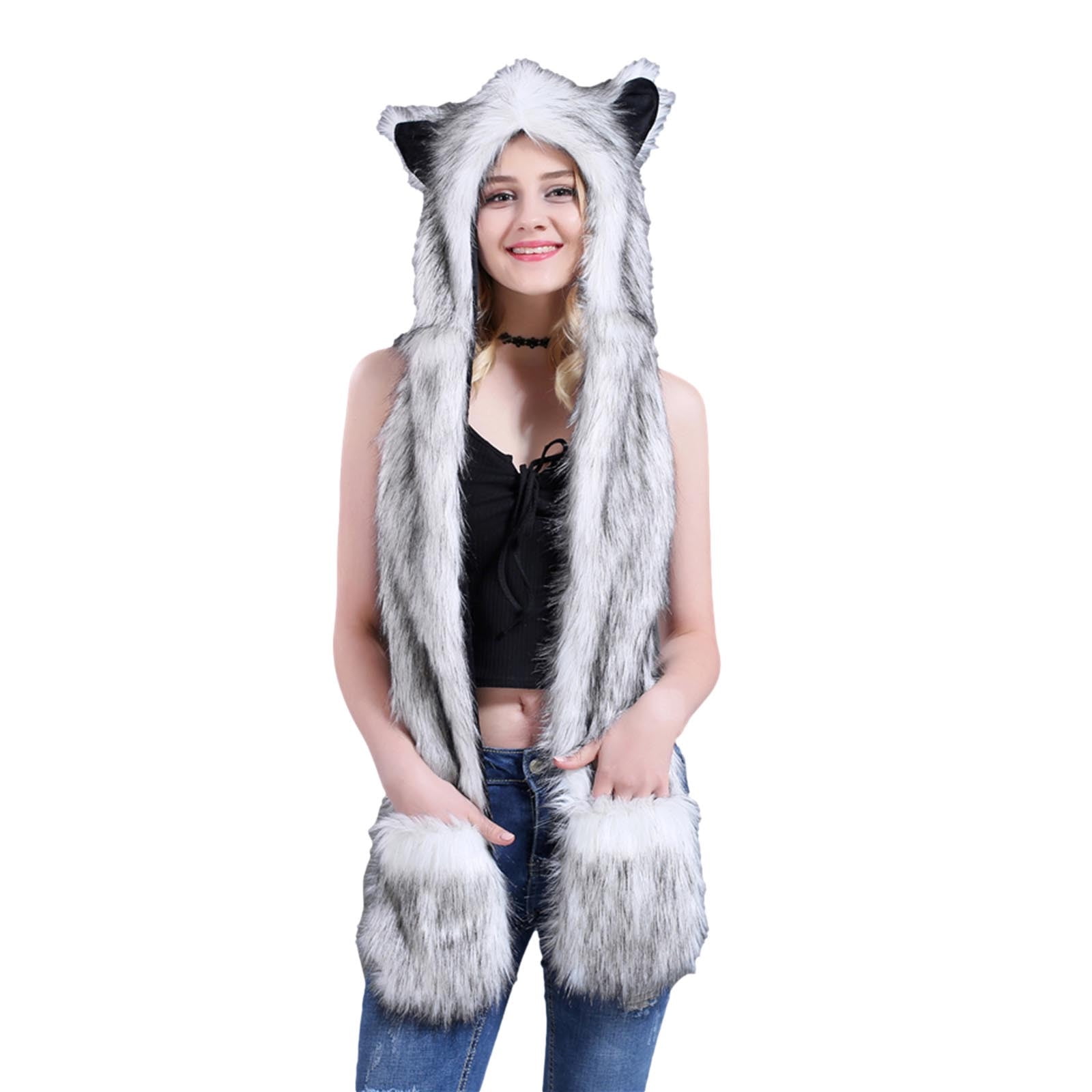Lolmot Women 3-in-1 Faux Fur Animal Hood Scarf with Glove Pocket Winter ...
