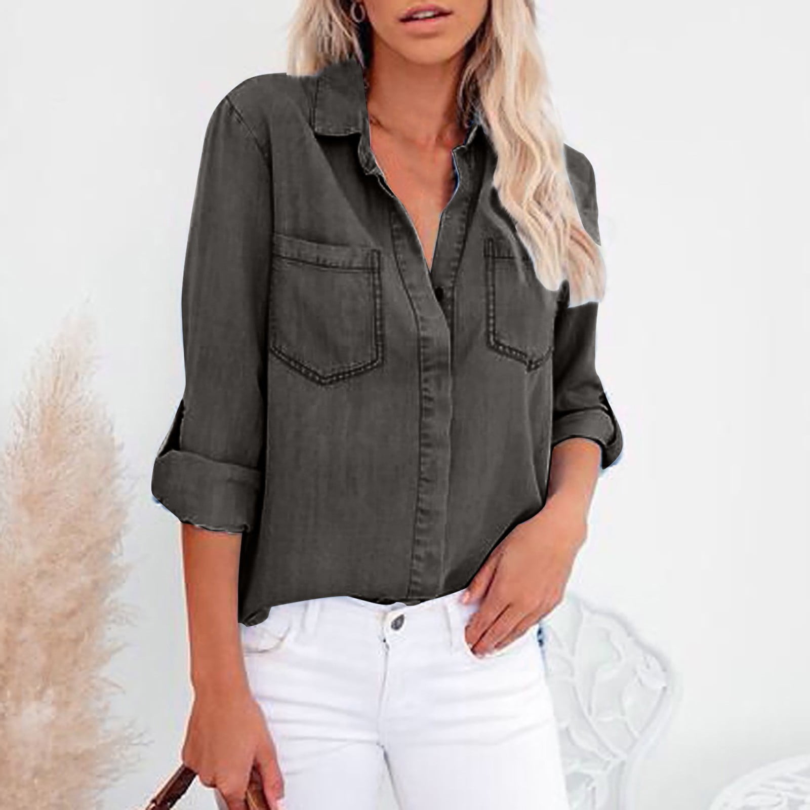 Lolmot Women Denim Shirt Collared Back Split Jean Shirts Long Sleeve ...