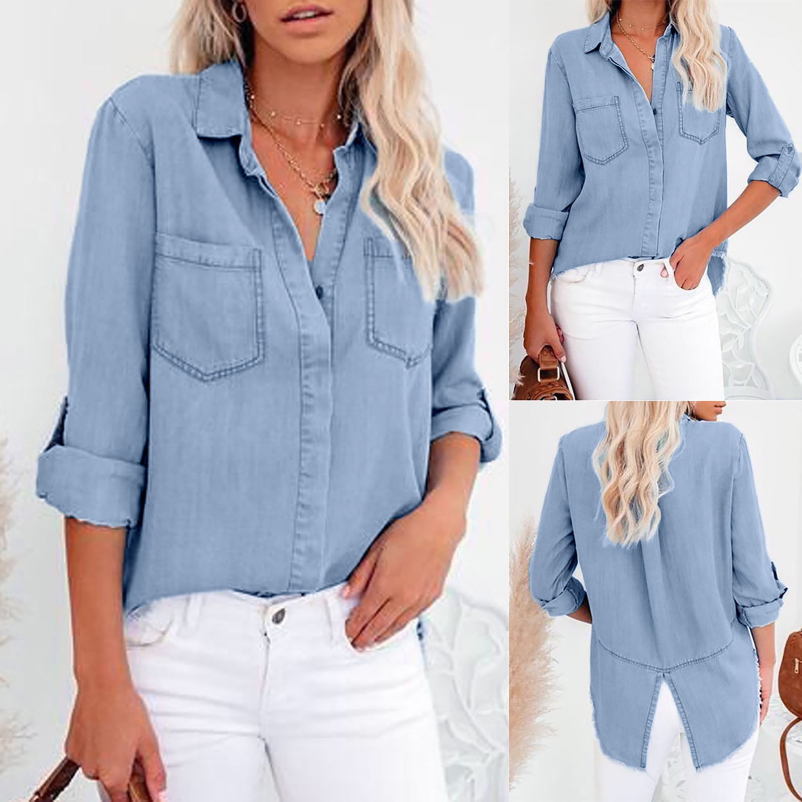 Lolmot Women Denim Shirt Collared Back Split Jean Shirts Long Sleeve ...