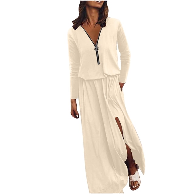 Lolmot Women Long Sleeve Casual Pure Color Fall Swing Long Dresses ...