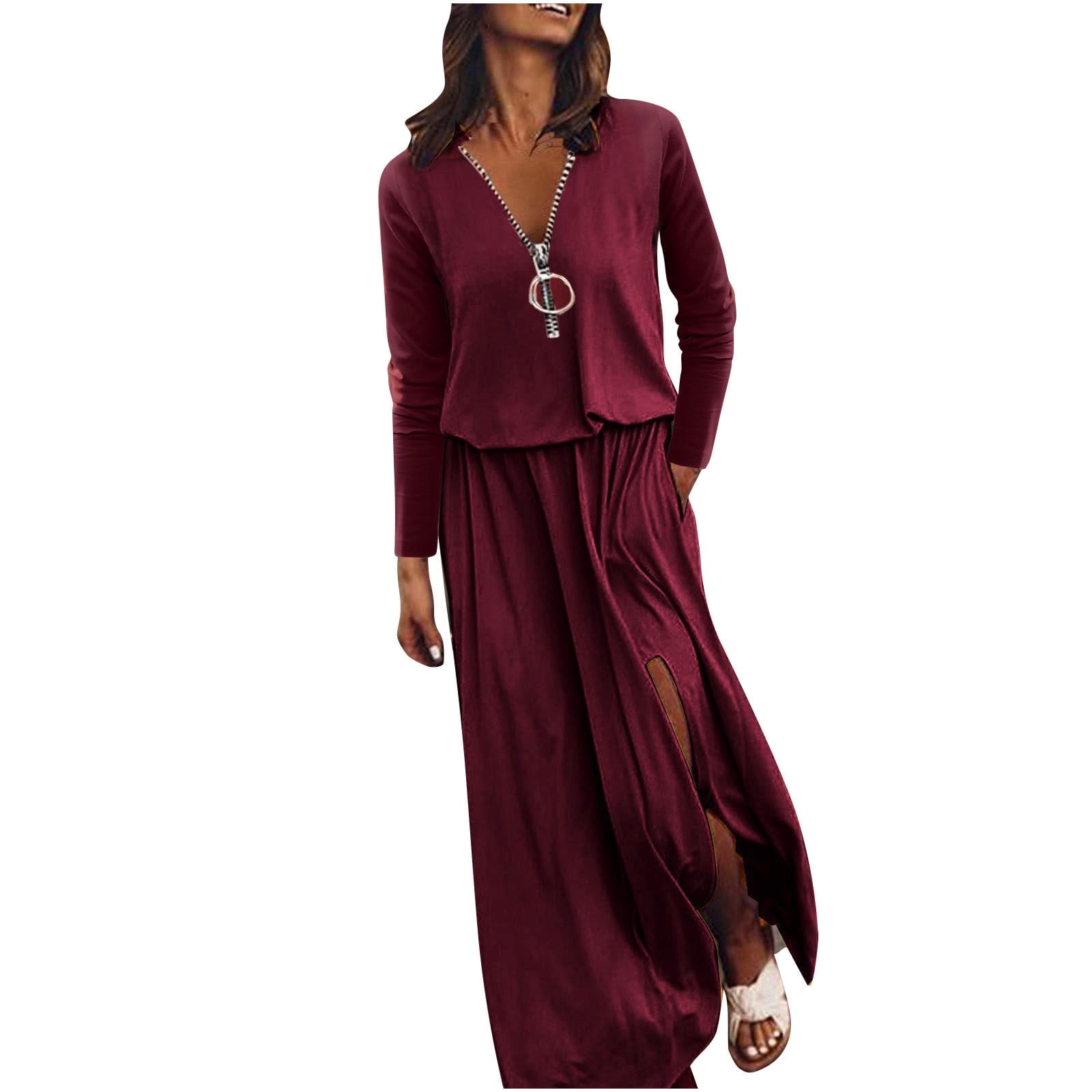 Lolmot Women Long Sleeve Casual Pure Color Fall Swing Long Dresses ...