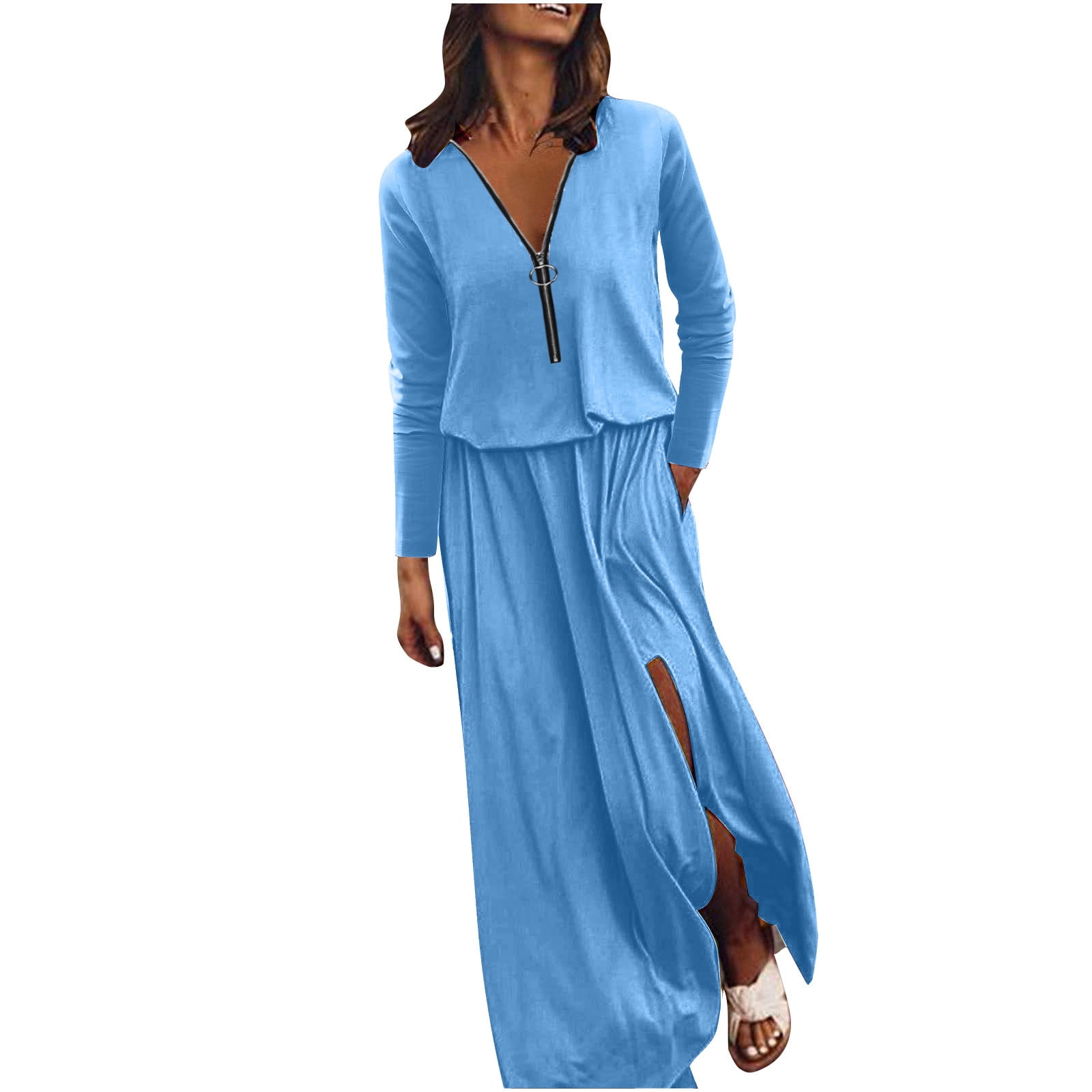 Lolmot Women's Long Sleeve, Pure Color, Fall Swing Dress, Casual Summer ...