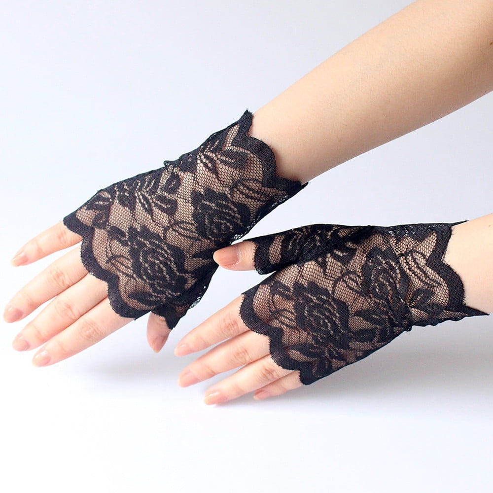 Lolmot Women Short Lace Gloves Fingerless Floral Bridal Wrist Gloves ...