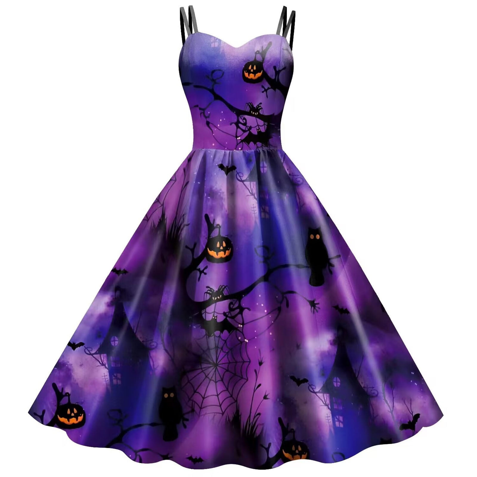 Lolmot Women Vintage Halloween Dress V-Neck Owls Pumpkins Spider Webs ...