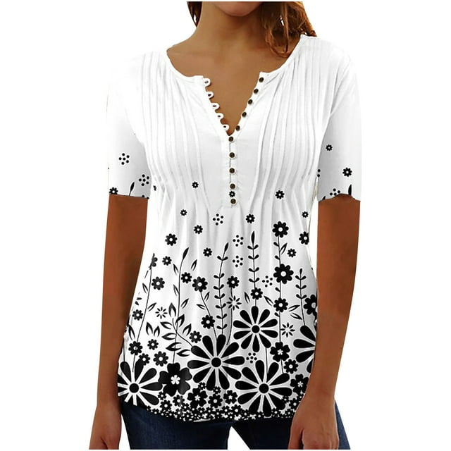 Lolmot Womens Plus Size Floral Printed Short Sleeve Henley V Neck T