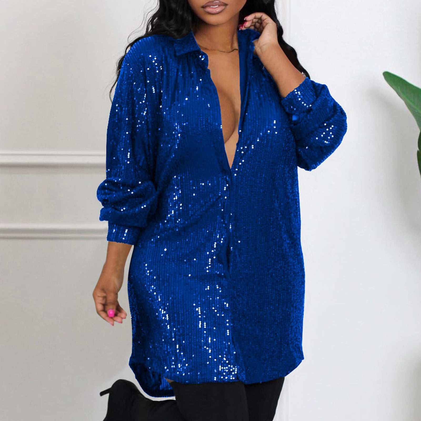 Lolmot Women's Plus Size Shirts Dresses Fashion Sequins Long Sleeved ...