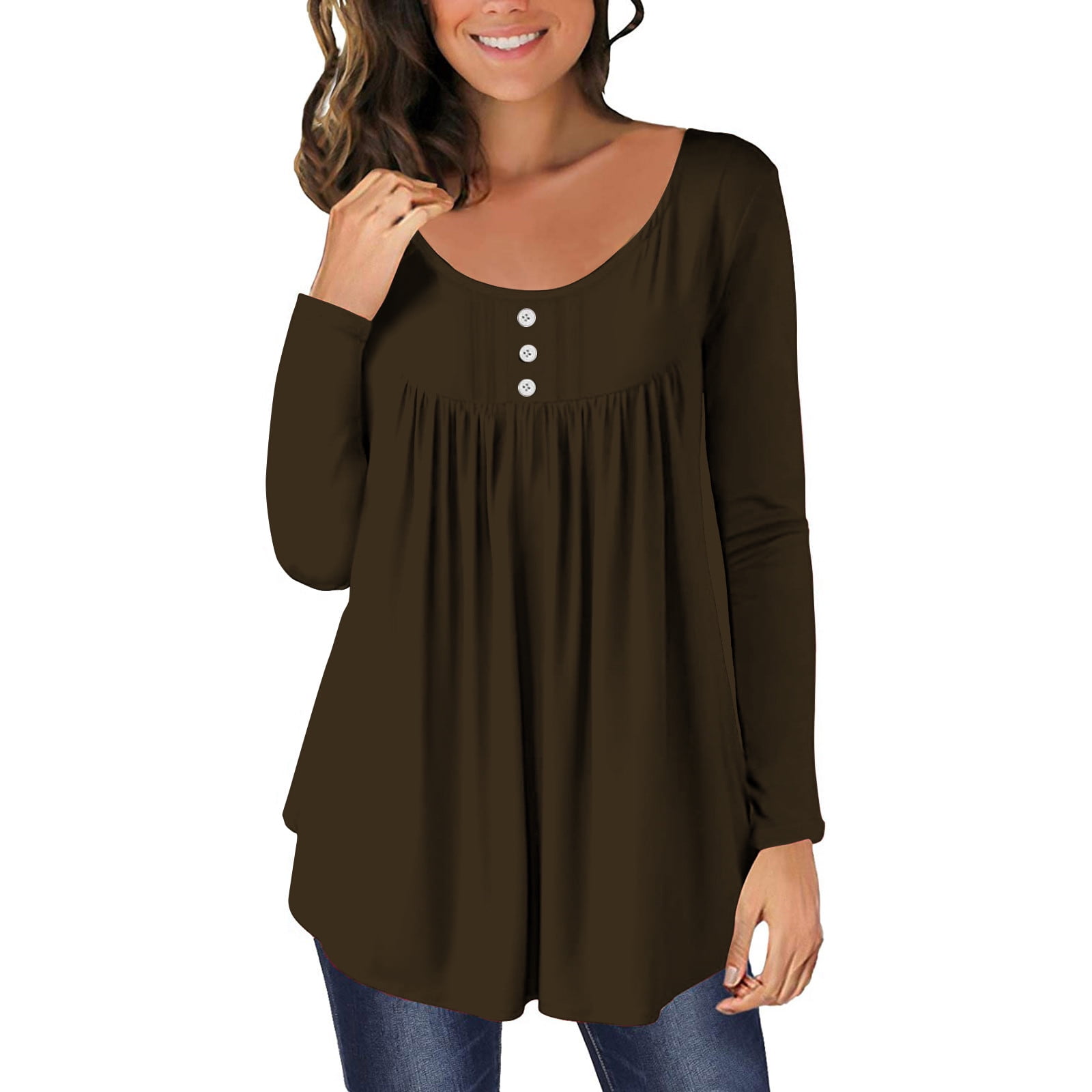 Lolmot Womens Casual Round Neck Button Tops Mid-length Long Sleeve ...